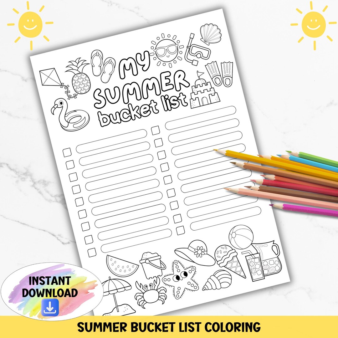Summer Bucket List Coloring Page, Activities Checklist, Printable ...