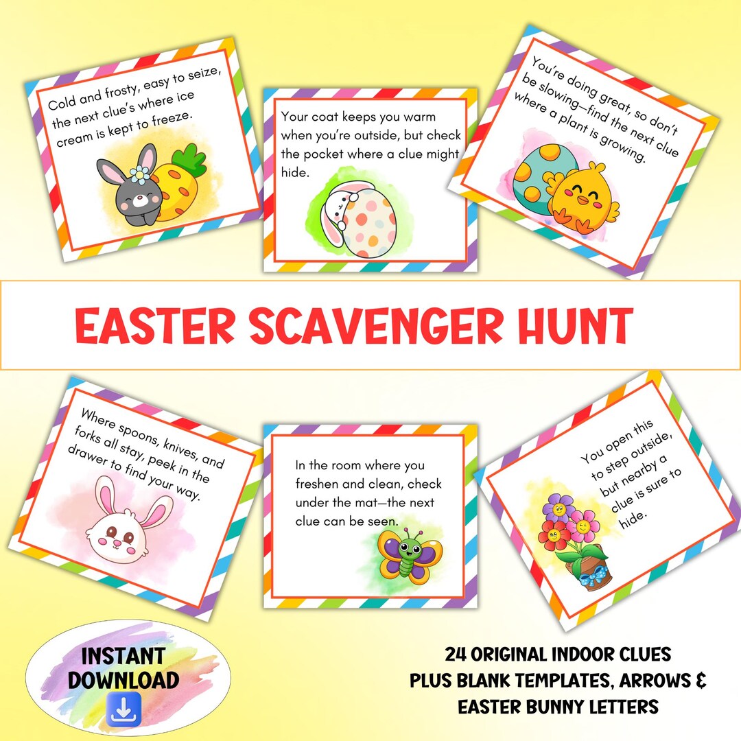 Printable Easter Egg Scavenger Hunt, Indoor Treasure Hunt Clue Cards ...