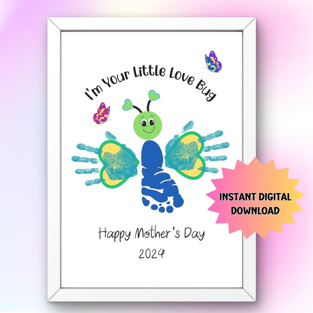 Mother's Day Love Bug Printable Art, Kids Footprint Handprint Keepsake ...