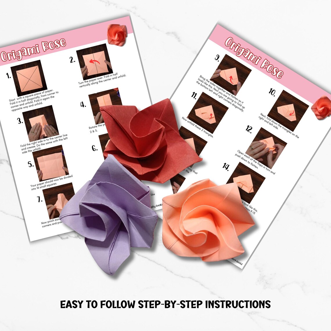 Printable Origami Rose Instructions, Mother's Day Gift, Flowers Paper ...