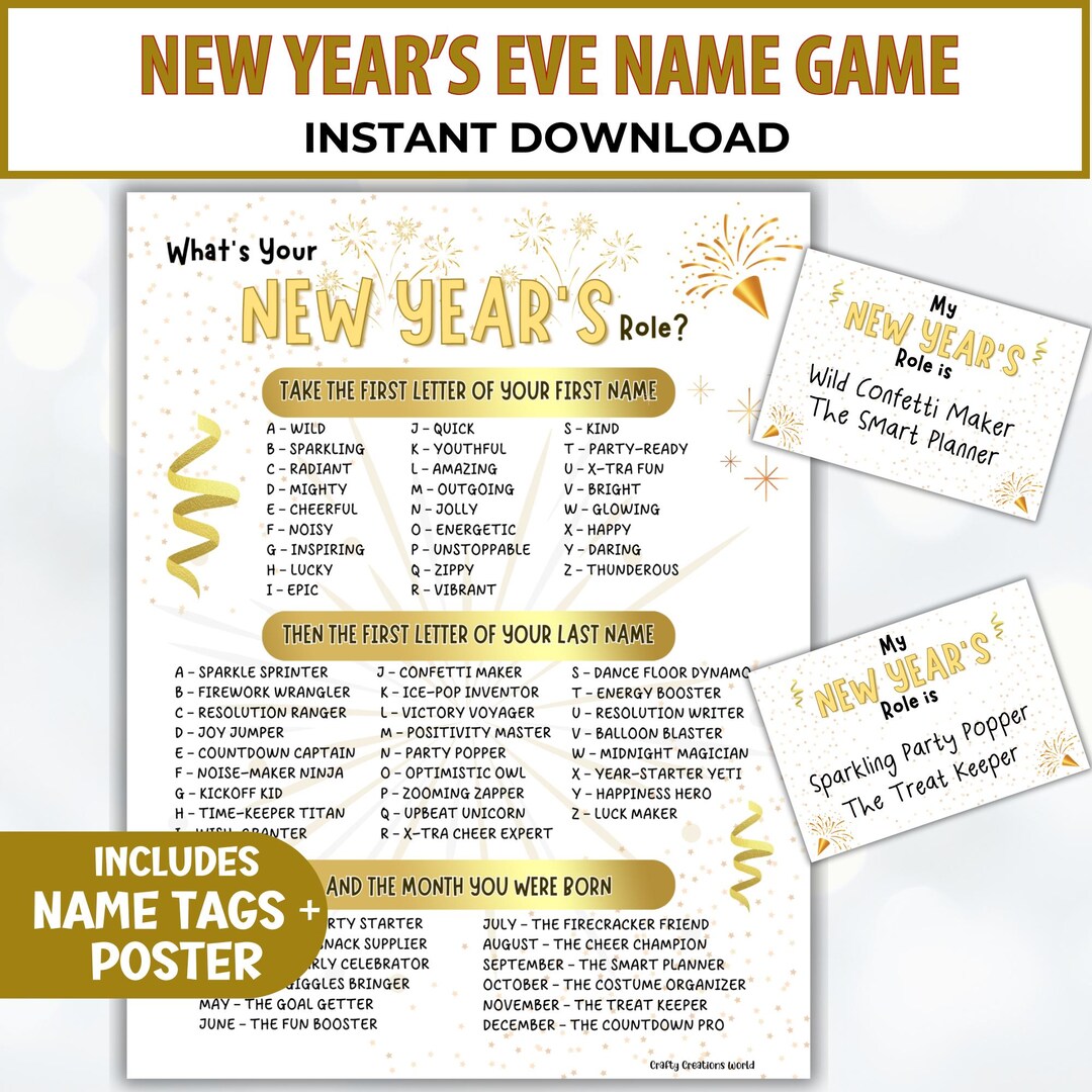New Year's Name Game, Party Name Generator, Printable ID Tags, End of ...