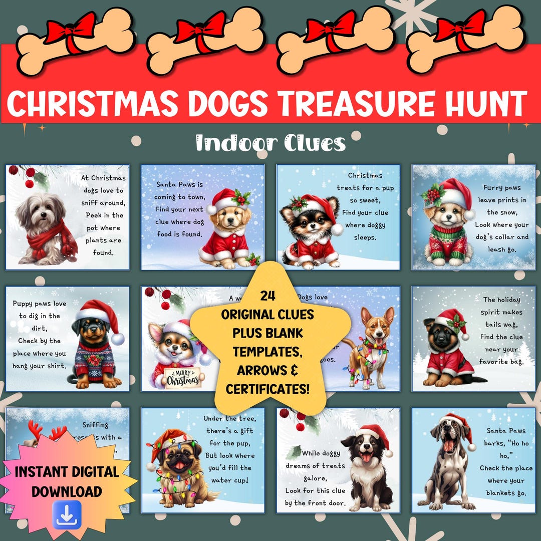 Christmas Dogs Treasure Hunt, Printable Doggy Theme Party Game for Kids ...