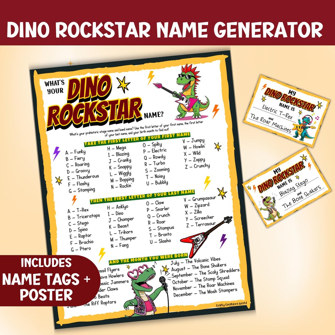 What's Your Dino Rockstar Name Party Game for Kids, Fun Jurassic Title ...
