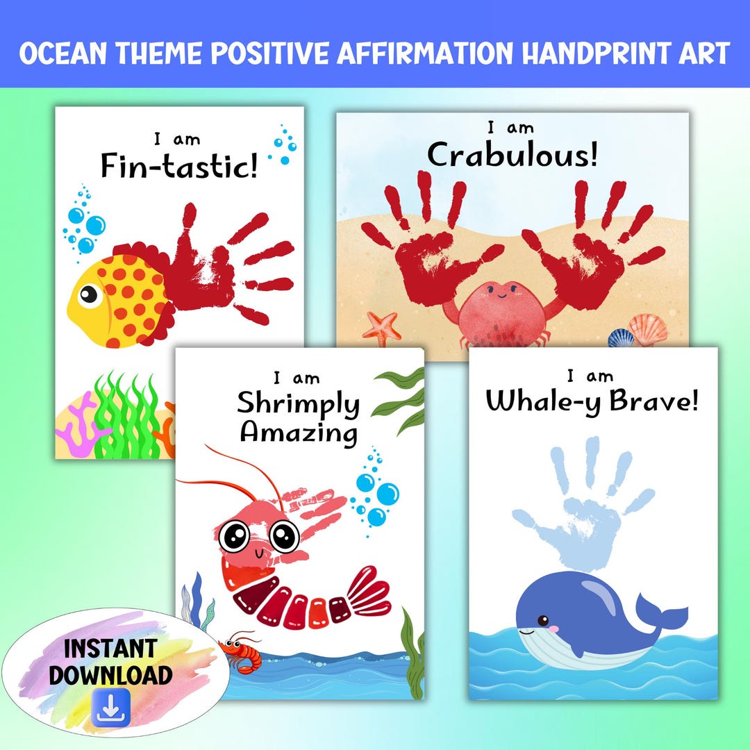 Ocean Theme Handprint Art Bundle, Sea Life Printable for Kids, Positive ...