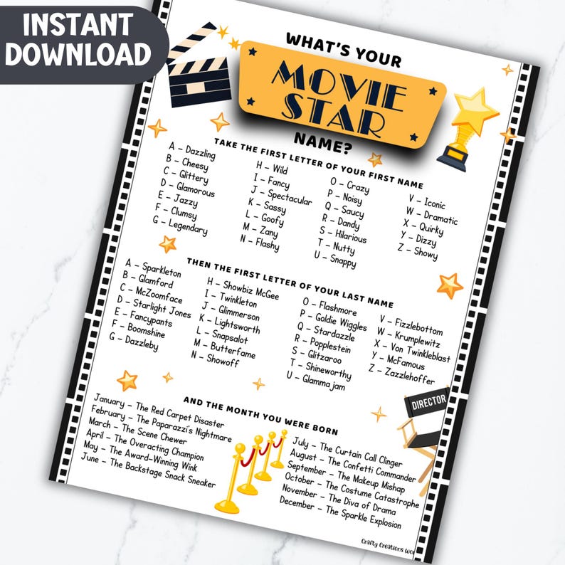 What's Your Movie Star Name Game for Kids, Celebrity Title Generator ...