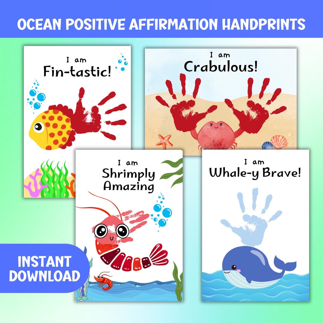 Ocean Theme Handprint Art Bundle, Summer Printable for Kids, Positive ...