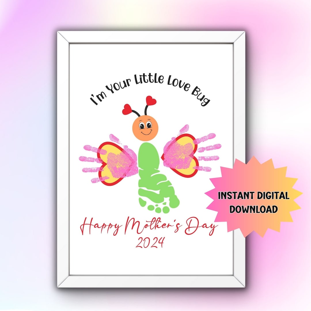 Mother's Day Love Bug Printable Art, Kids Footprint Handprint Keepsake ...
