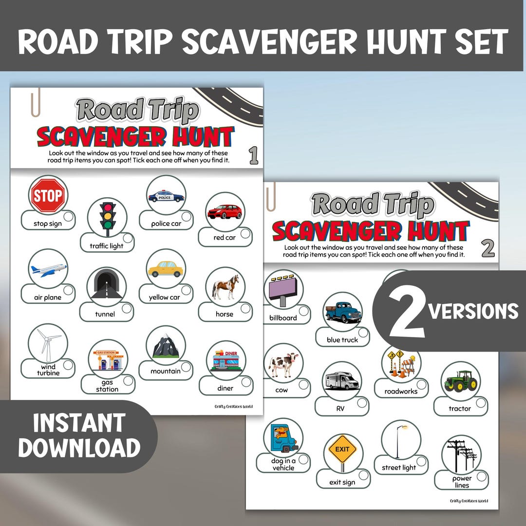 Road Trip Scavenger Hunts Printable for Kids, Summer Vacation Activity ...