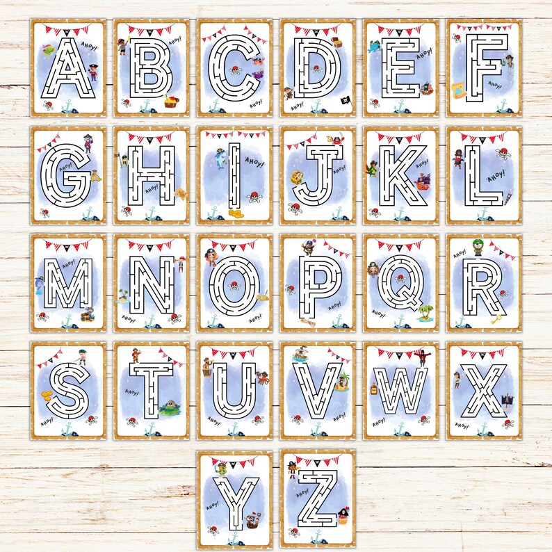 Pirate Maze Printable for Kids, Alphabet A–Z Letter Maze Worksheets ...
