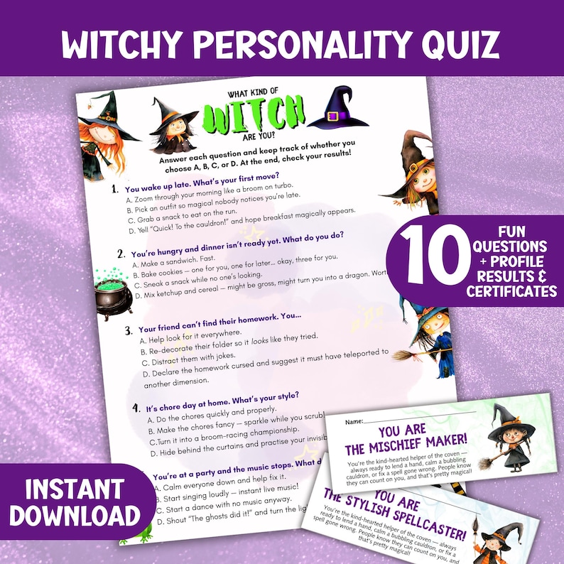 Printable Witches Personality Quiz, Halloween Party Game, Kids Witch ...