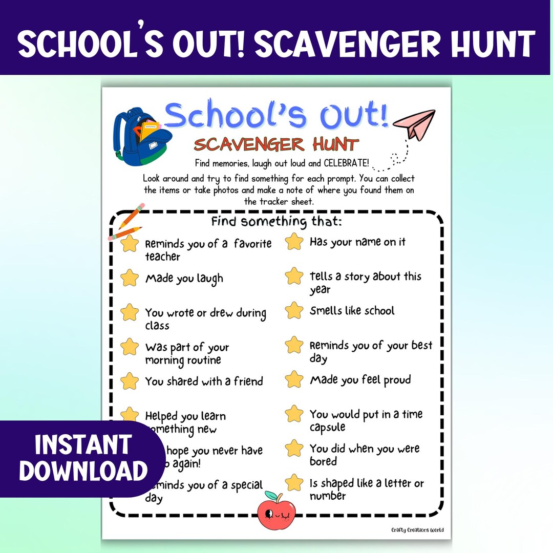 Schools Out Scavenger Hunt for Kids, Indoor or Outdoor Treasure Hunting ...
