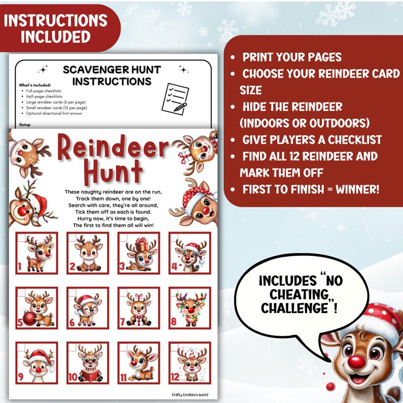 Reindeer Hunt Party Game Printable, Christmas Scavenger Hunt for Kids ...