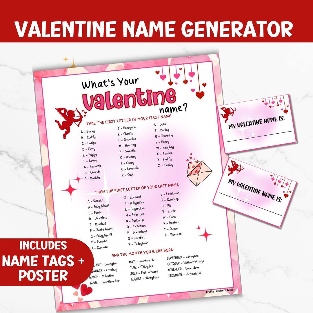 Whats Your Valentine Name Party Game for Kids, Name Generator Activity ...