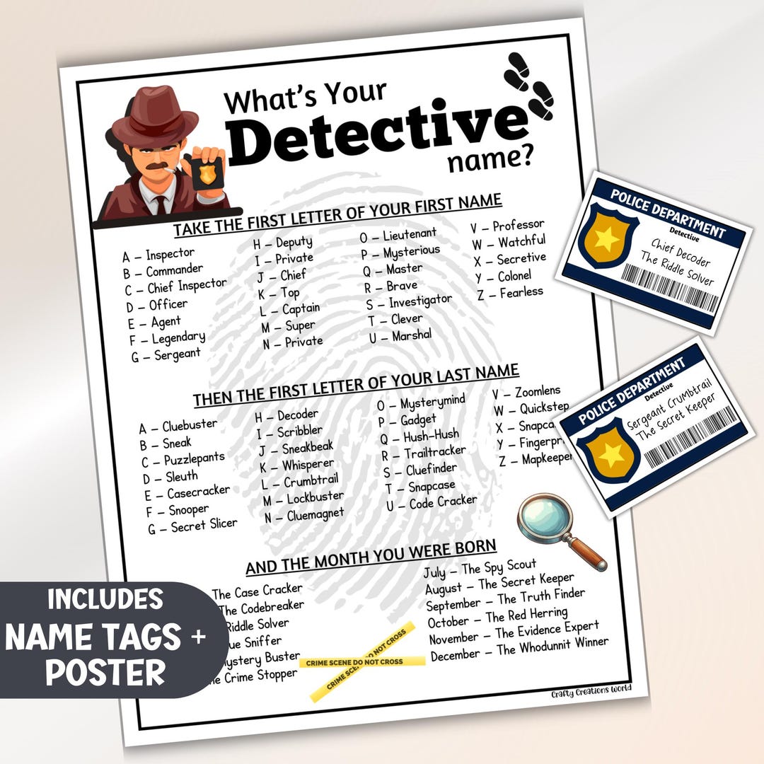 What's Your Detective Name Game for Kids, Birthday Party Label ...