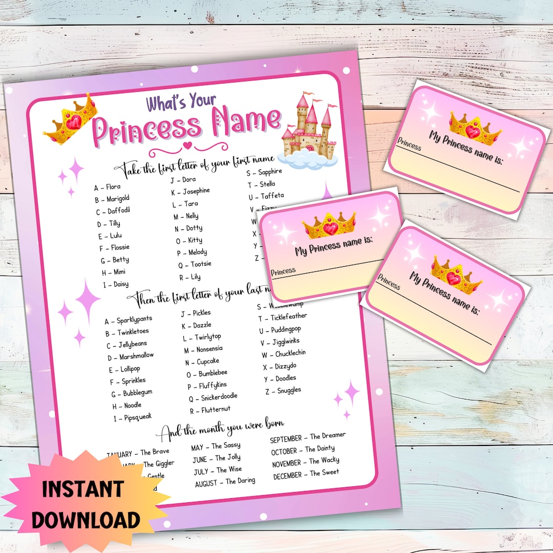 Whats Your Princess Name Party Game for Kids, Fun School Holiday Activity Printable Princess ...