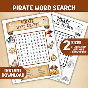 Pirate Word Search Printable, Fun Activity for Kids, Color & Black ...