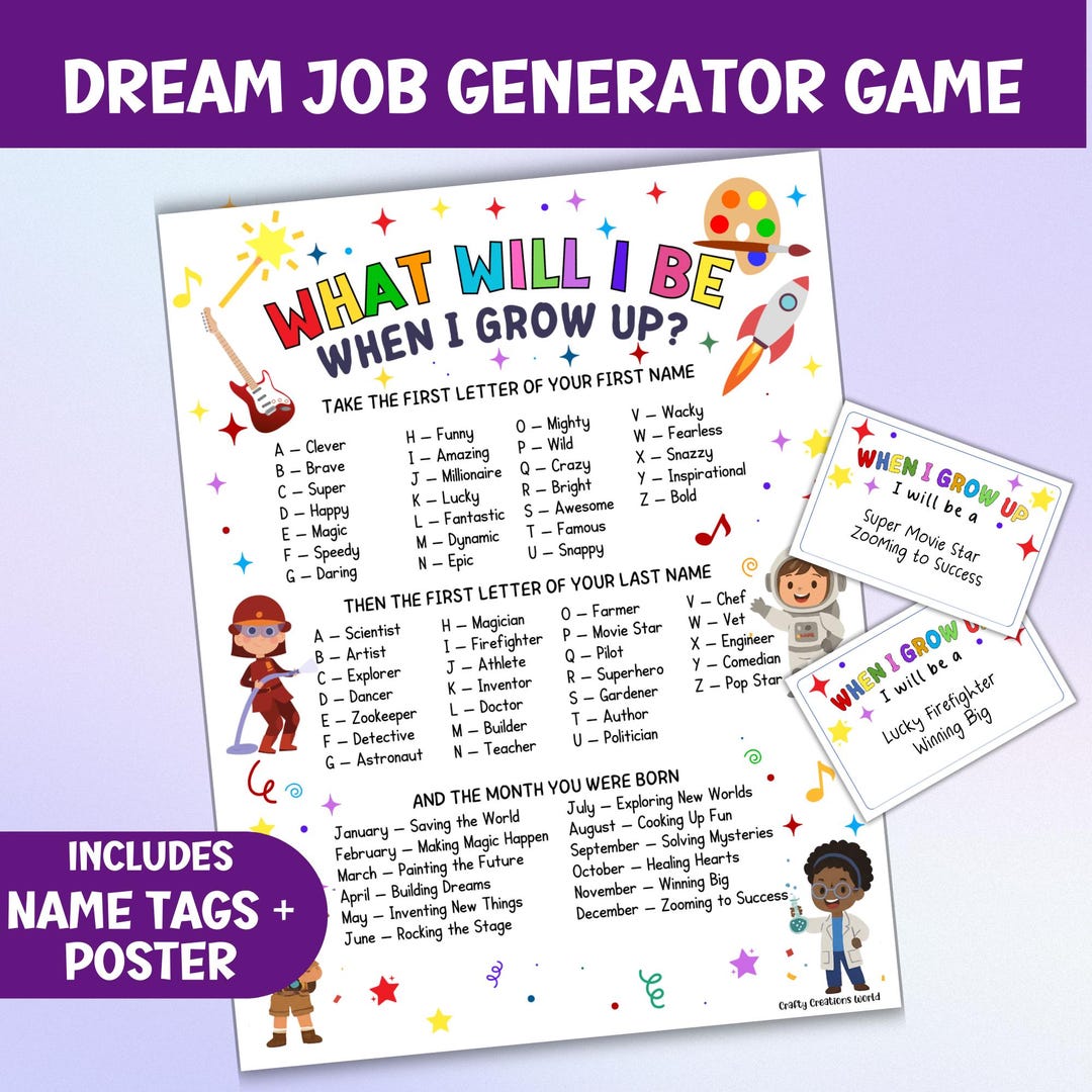 What Will I Be? Funny Kids Name Generator Printable, Career Roleplay ...