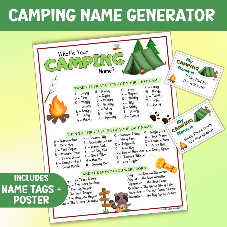 Whats Your Camping Name Game for Kids, Summer Camp Label Generator ...