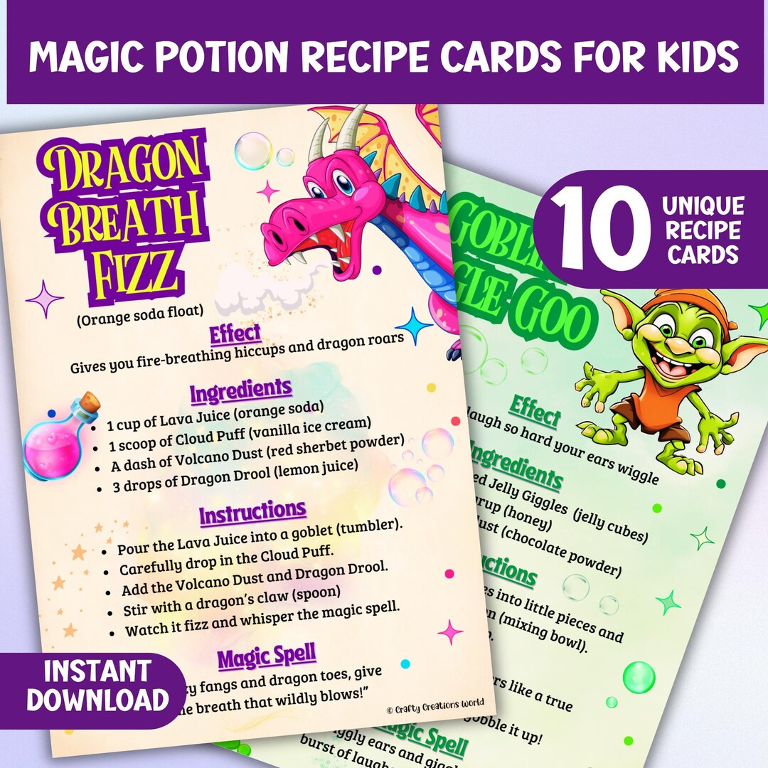Kids Potion Recipe Cards, Printable Magic Snacks, Fantasy Food Cards ...
