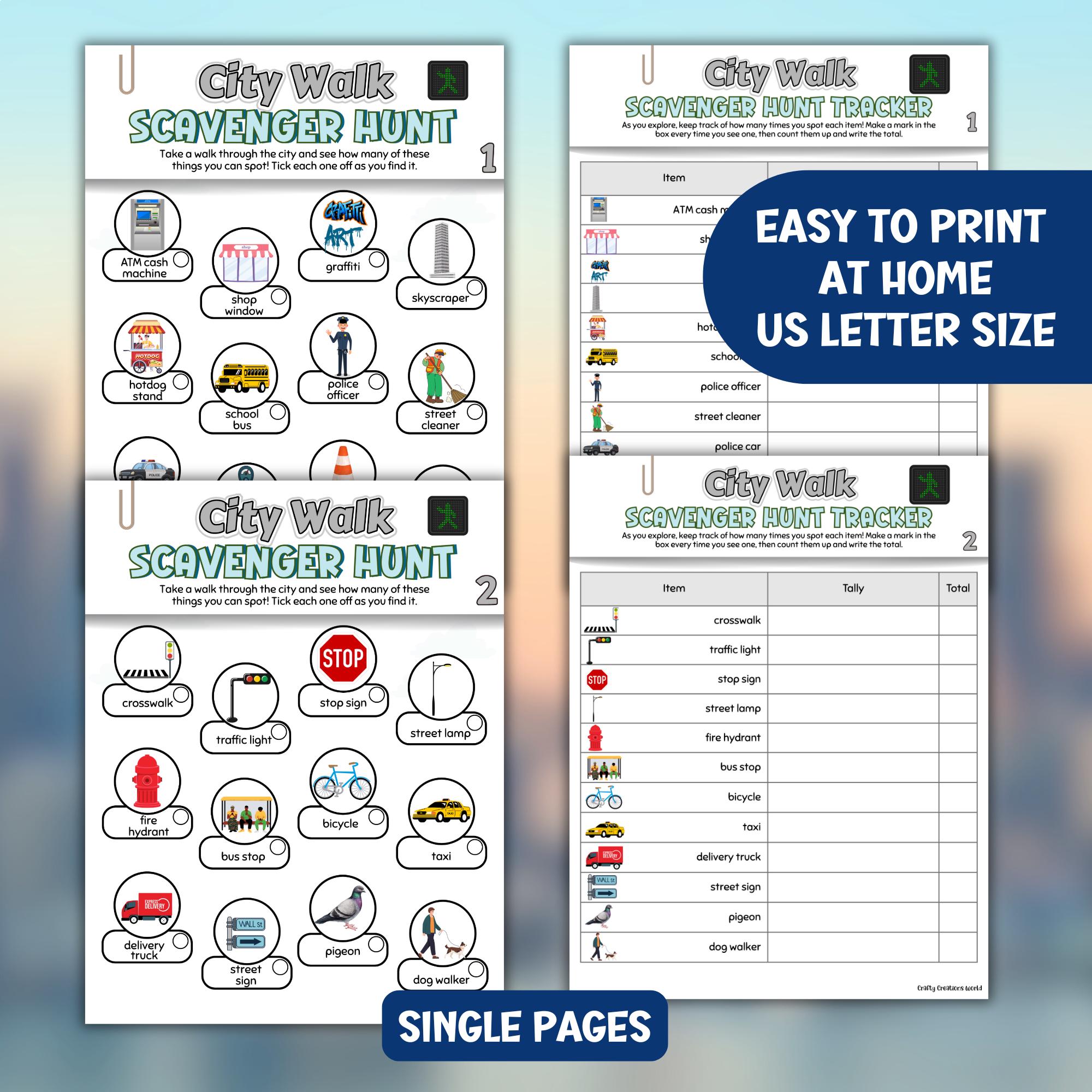 City Walk Scavenger Hunts Printable Set for Kids, Urban Outdoor ...