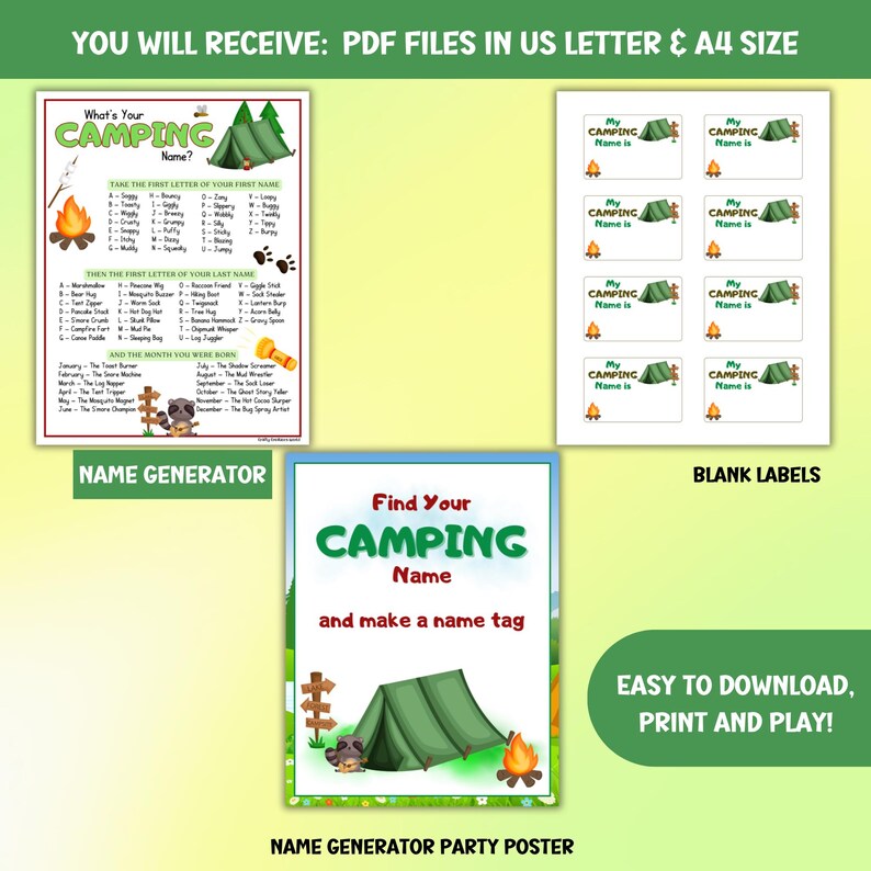 Whats Your Camping Name Game for Kids, Summer Camp Label Generator ...
