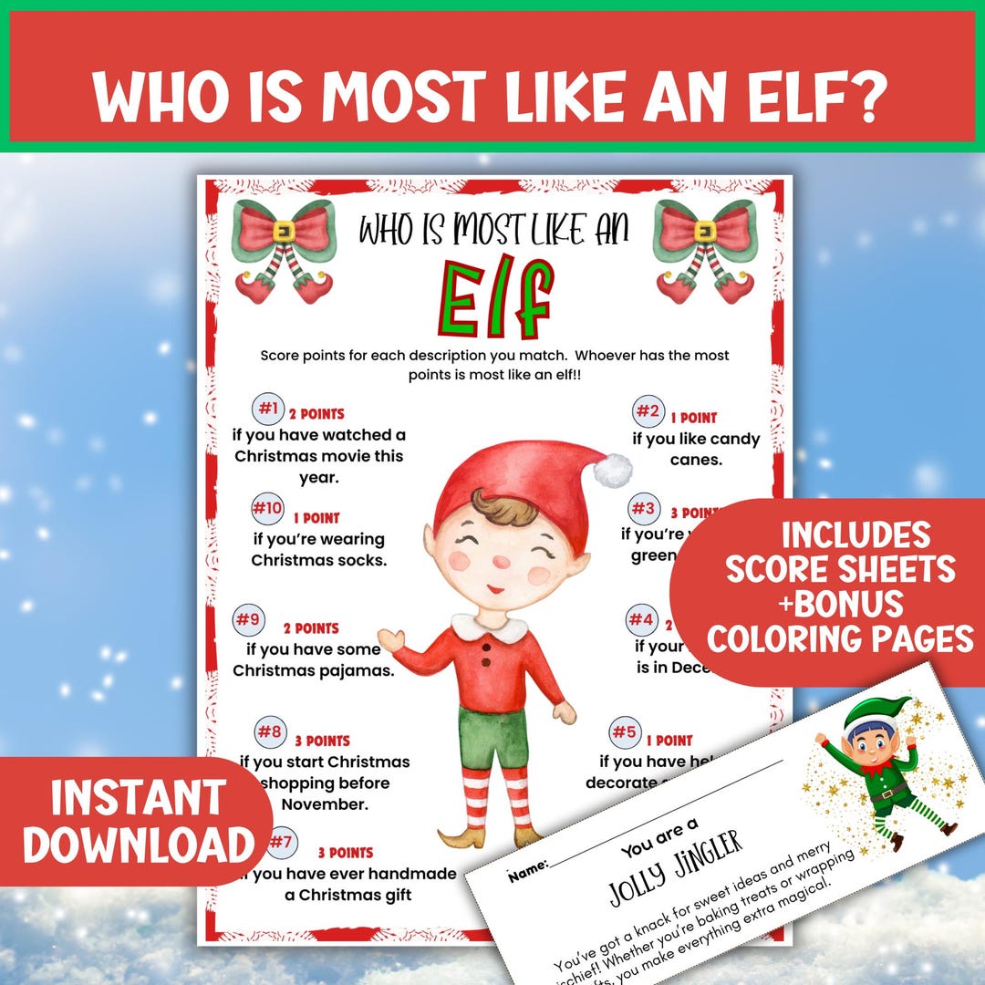 Christmas Elf Printable, Kids Elf Party Game, School Quiz Activity ...