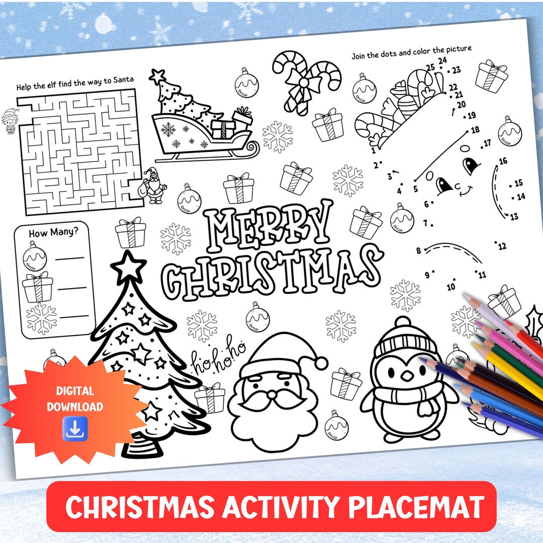 Christmas Placemat, Coloring Activity Sheet, Party Table Decor for Kids ...