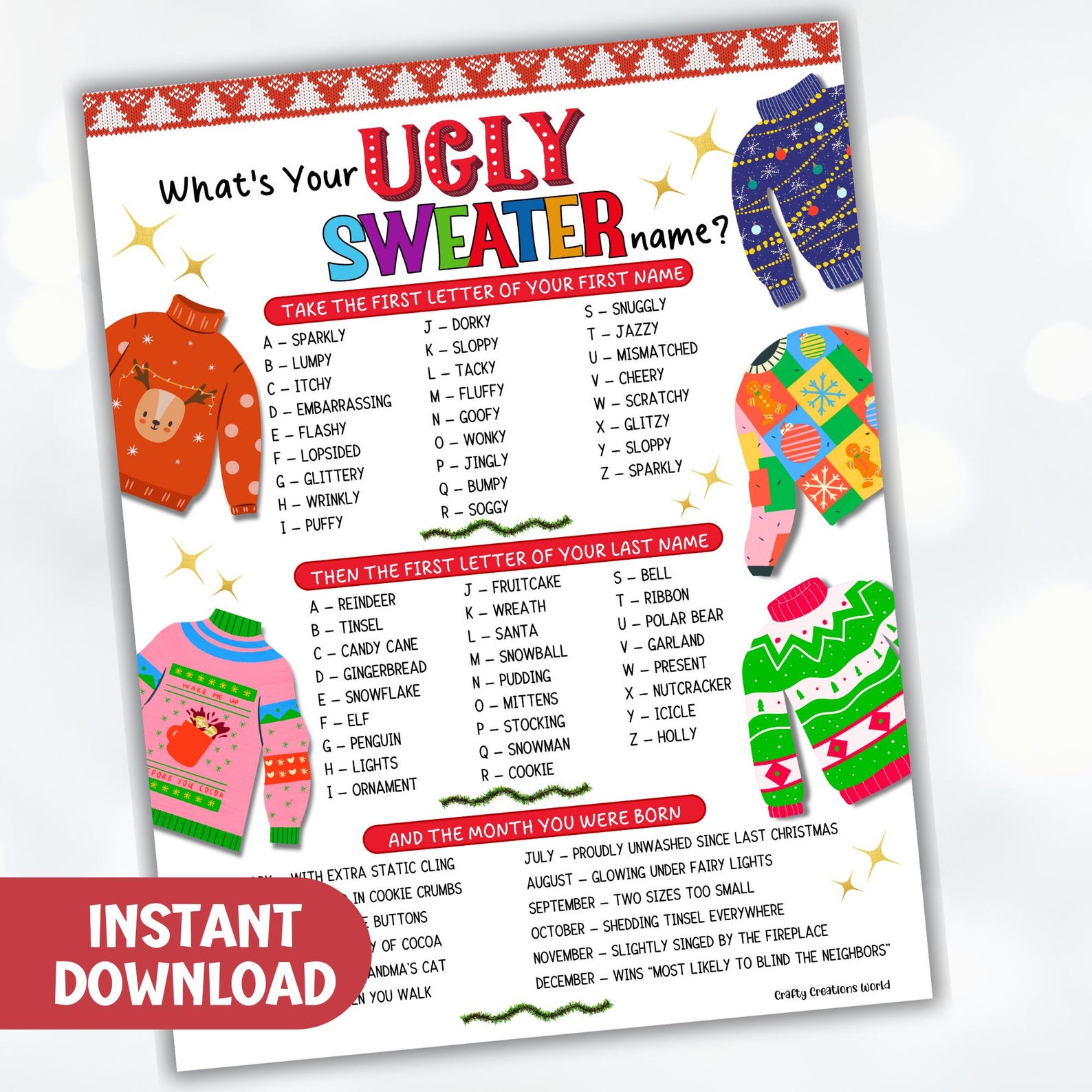 Ugly Sweater Name Generator, Christmas Printable Game for Kids, What's ...