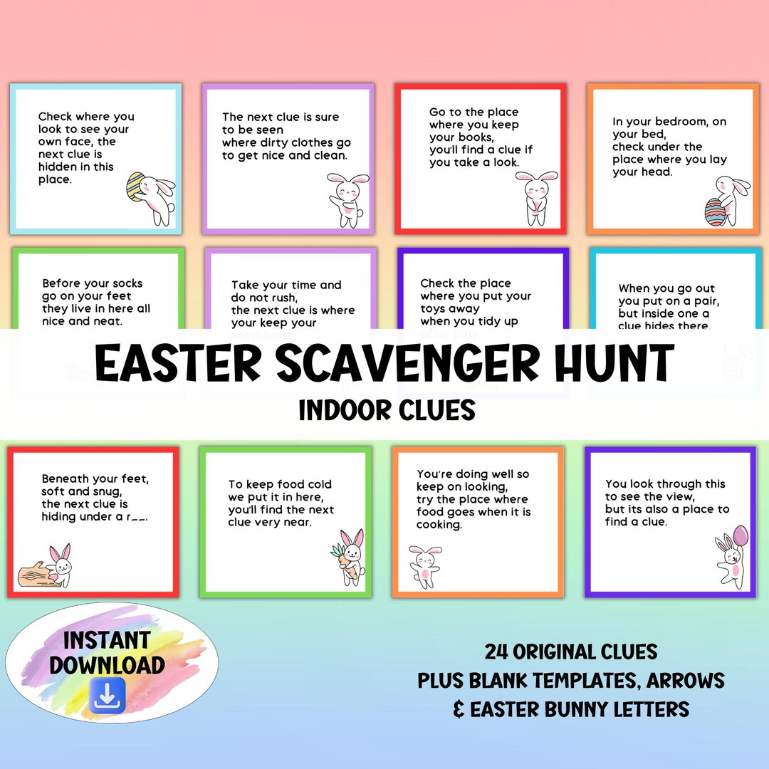 Printable Easter Egg Scavenger Hunt, Indoor Treasure Hunt Clue Cards ...