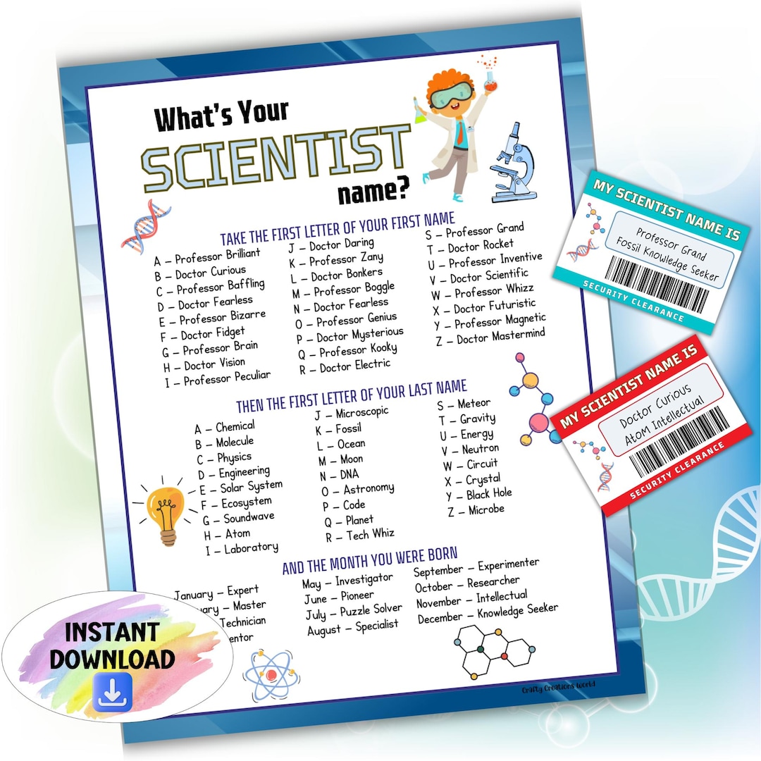 Whats Your Scientist Name Party Game for Kids, Science Name Generator ...