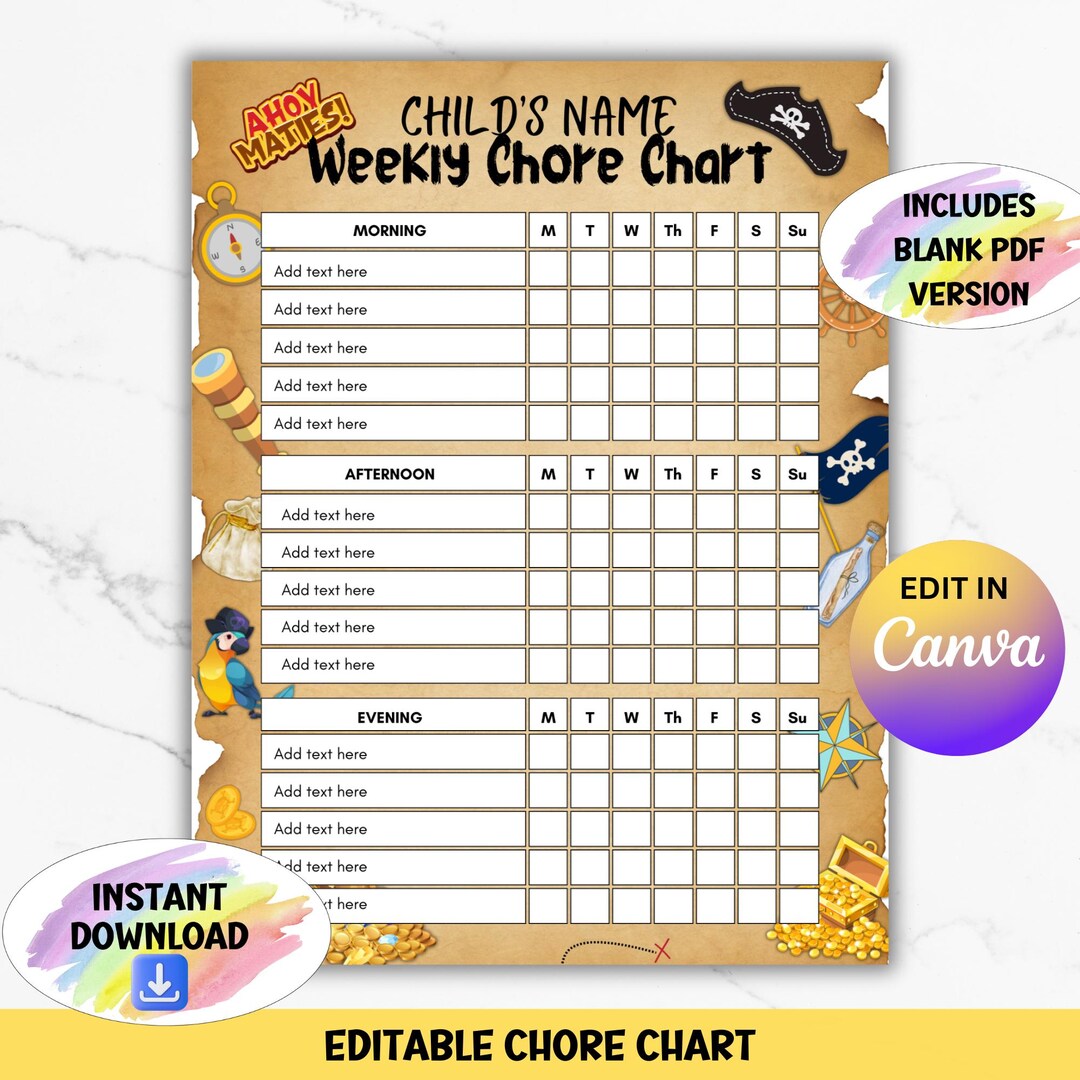 Pirate Theme Editable Chore Chart for Kids, Daily Tasks List, Kids ...
