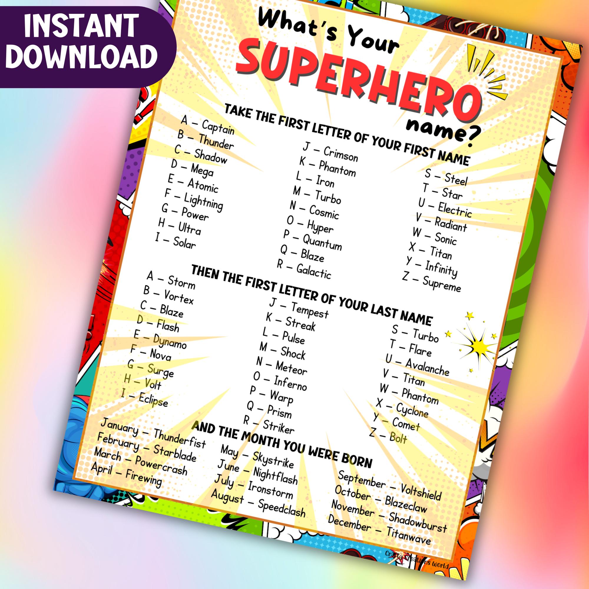 Whats Your Superhero Name Party Game for Kids, Comic Name Generator ...