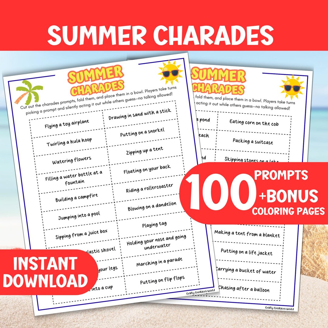 Summer Charades Game, Fun Act or Draw Prompts, Summer Camp Team ...