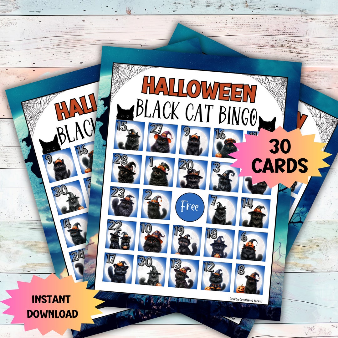 Halloween Black Cat Bingo Game, Lucky Black Cat Fun Activity, Spooky ...