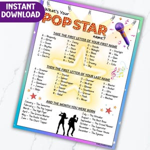 What's Your Popstar Name Game for Kids, Birthday Party Pop Star Alias ...