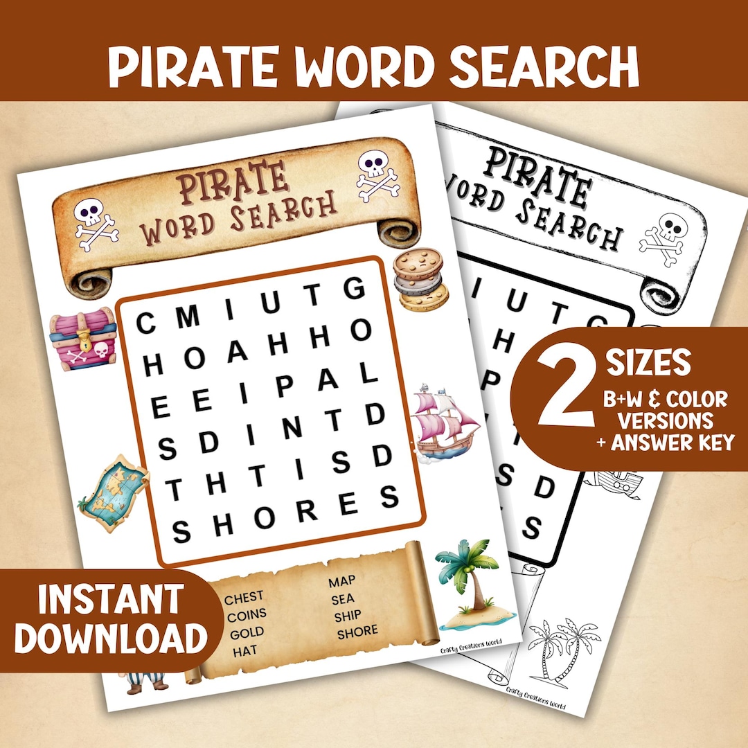 Pirate Word Search Printable, Fun Activity for Kids, Color & Black ...