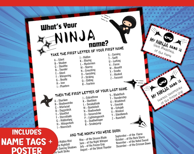 Whats Your Ninja Name Party Game for Kids, Fantasy Label Generator ...