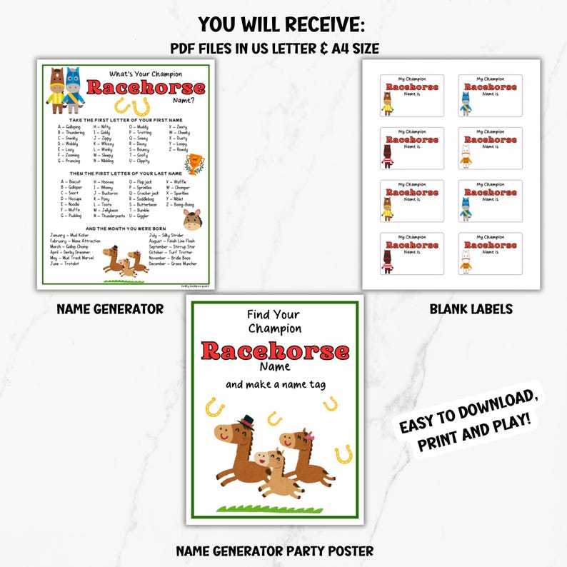 What's Your Racehorse Name Game, Horse Label Generator, Horsey Themed ...