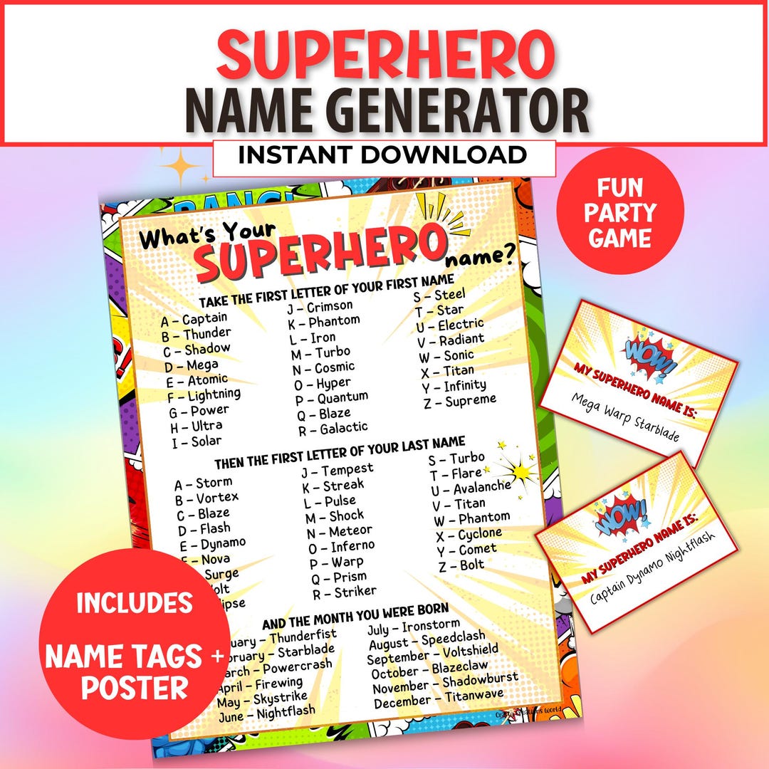 Whats Your Superhero Name Party Game for Kids, Comic Name Generator ...