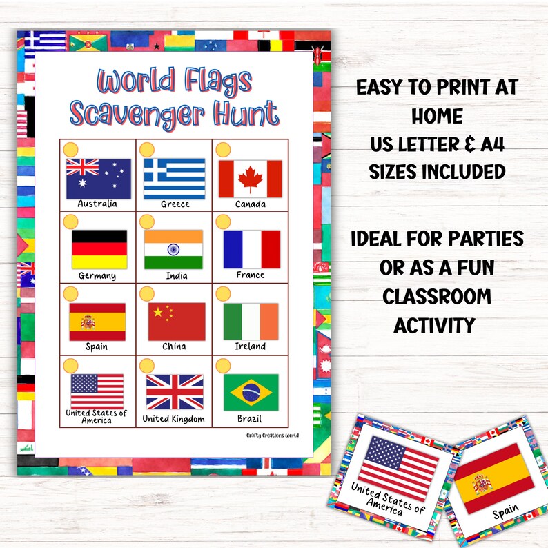Flags of the World Scavenger Hunt for Kids, Indoor or Outdoor Holiday ...