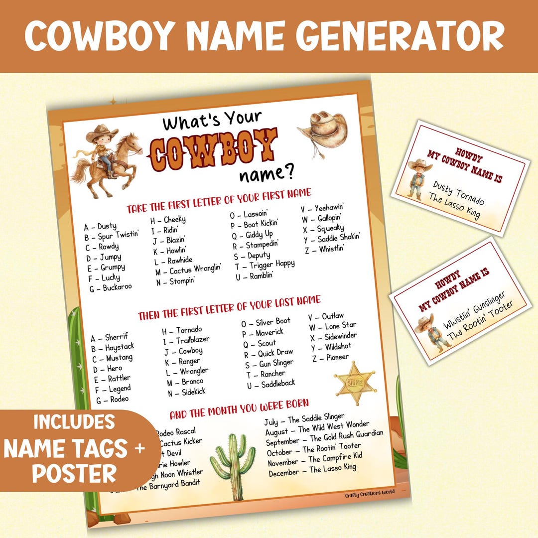 Whats Your Cowboy Name Party Game for Kids, Wild West Name Generator ...