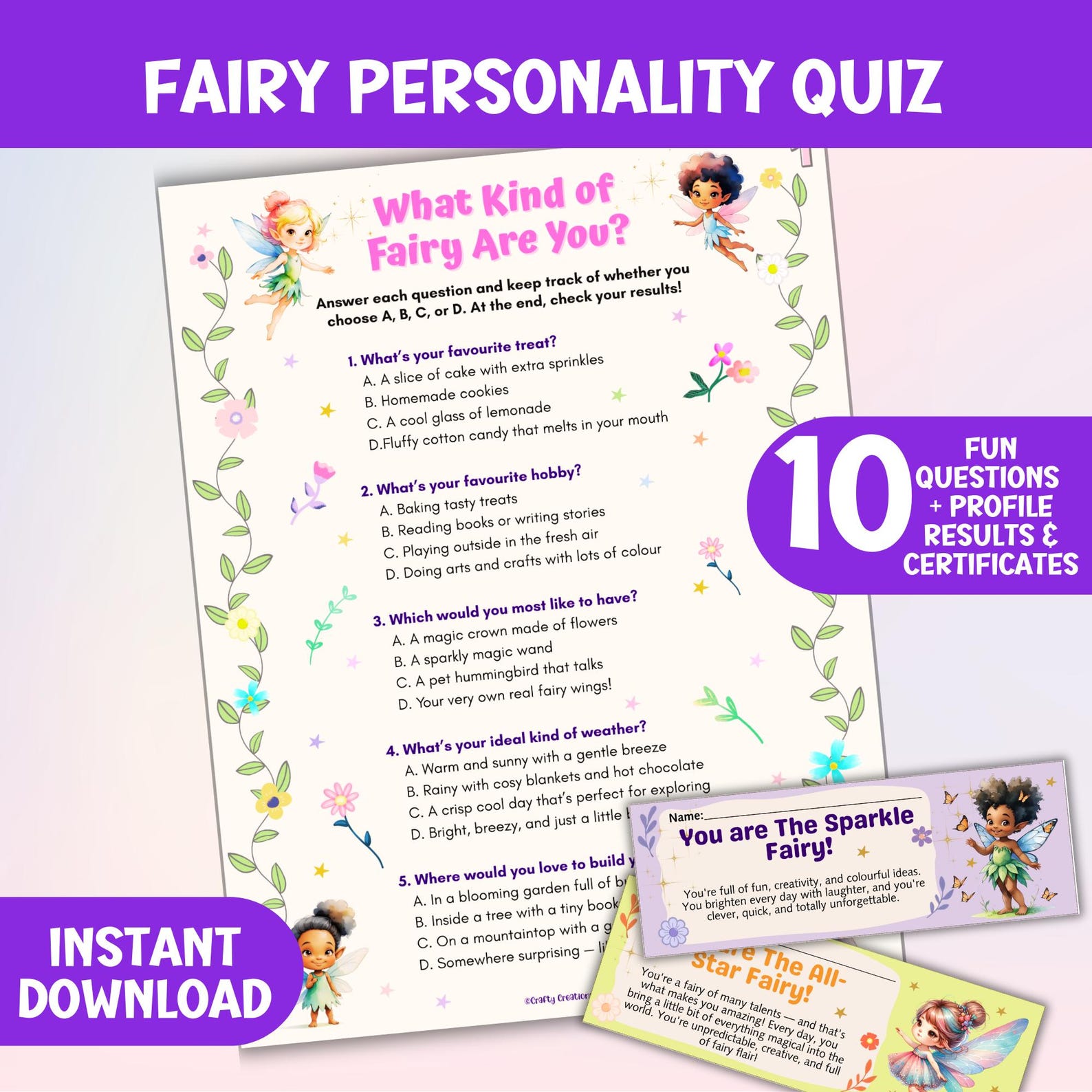 Printable Fairy Personality Quiz for Kids, Magical Party Game, Fairies ...