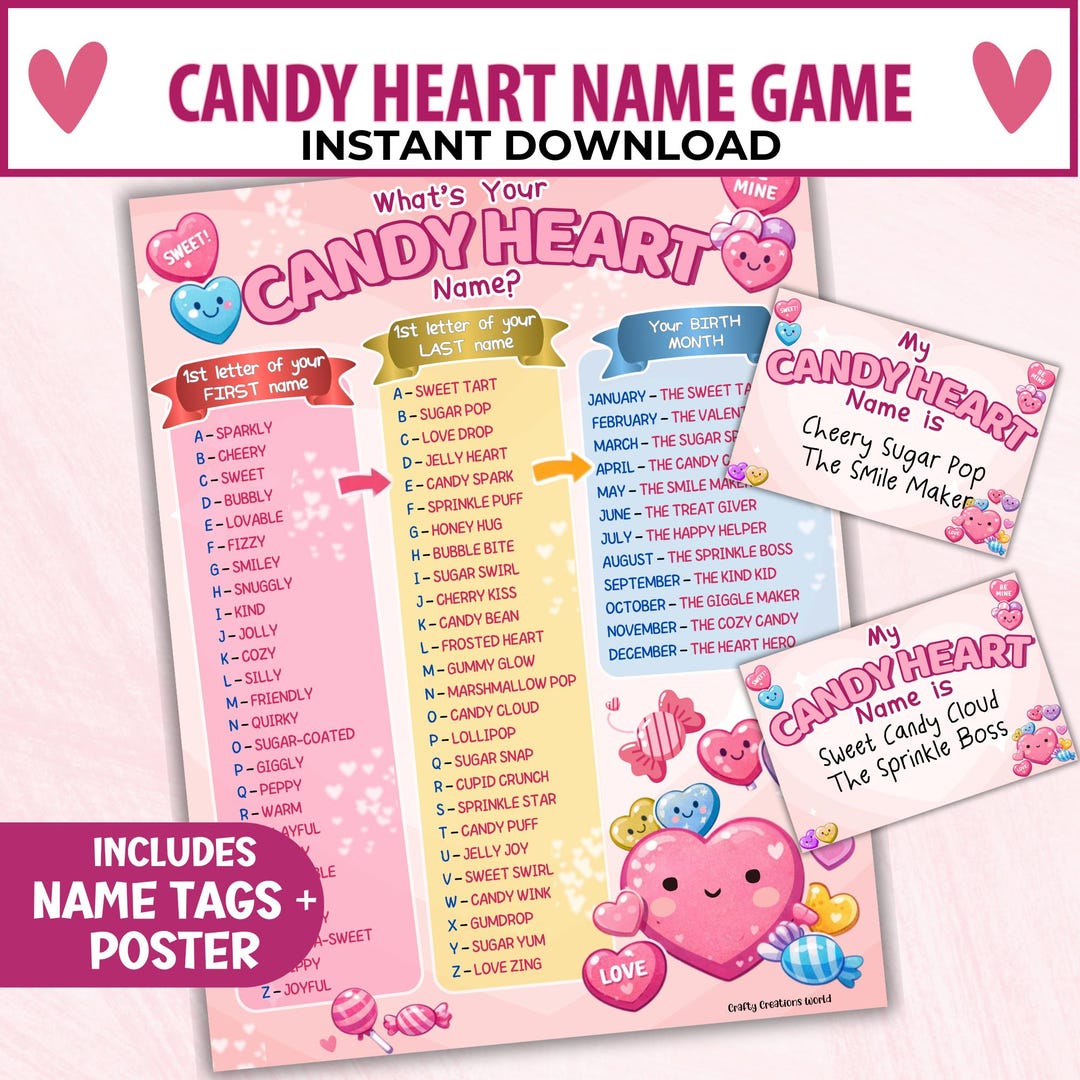 Candy Heart Name Generator Printable, Valentine Game for Kids ...