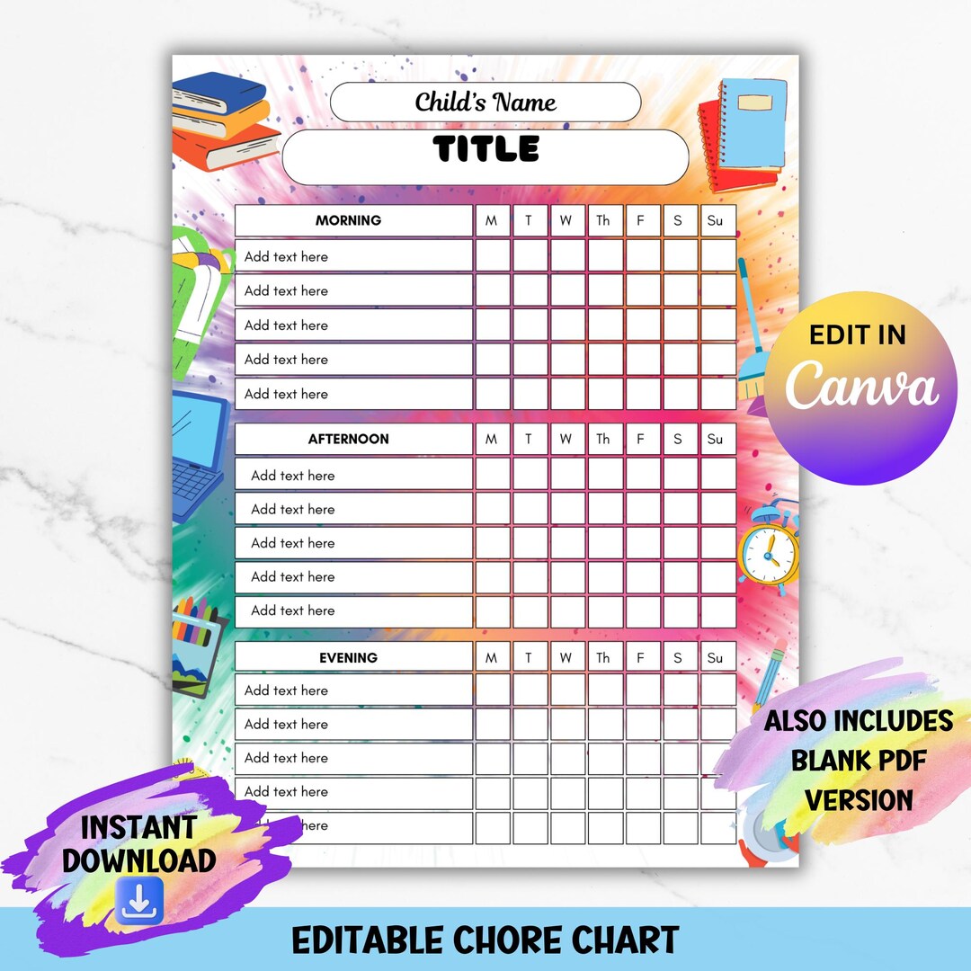 Editable Chore Chart for Kids, Daily Tasks List, Kids Reward System ...