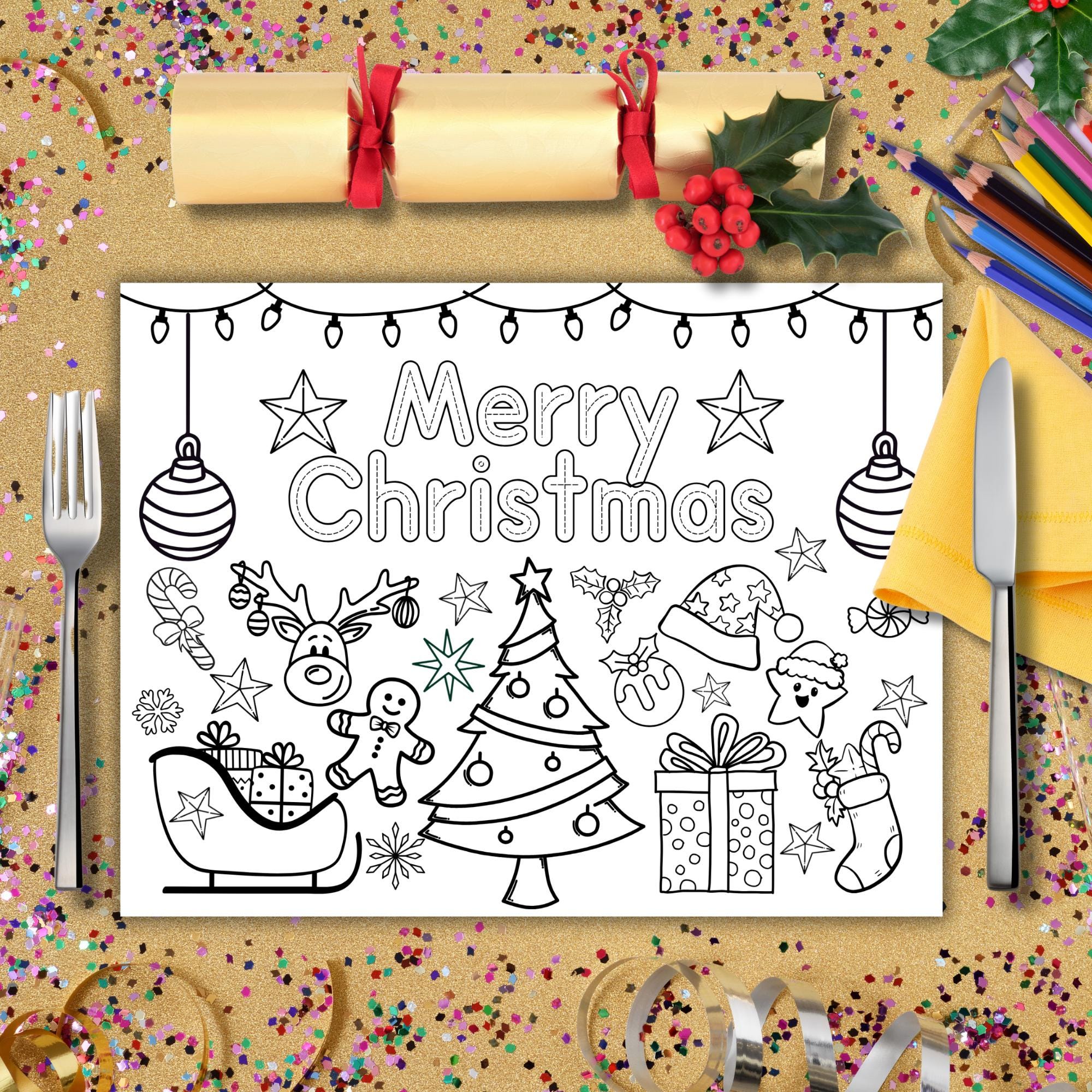 Christmas Coloring Activity Sheet, Party Table Placemat Decor for Kids ...