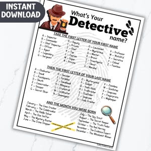 What's Your Detective Name Game for Kids, Birthday Party Label ...