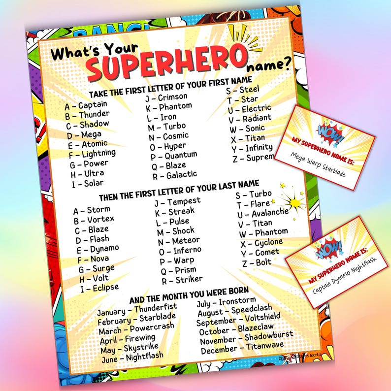 Whats Your Superhero Name Party Game for Kids, Comic Name Generator ...