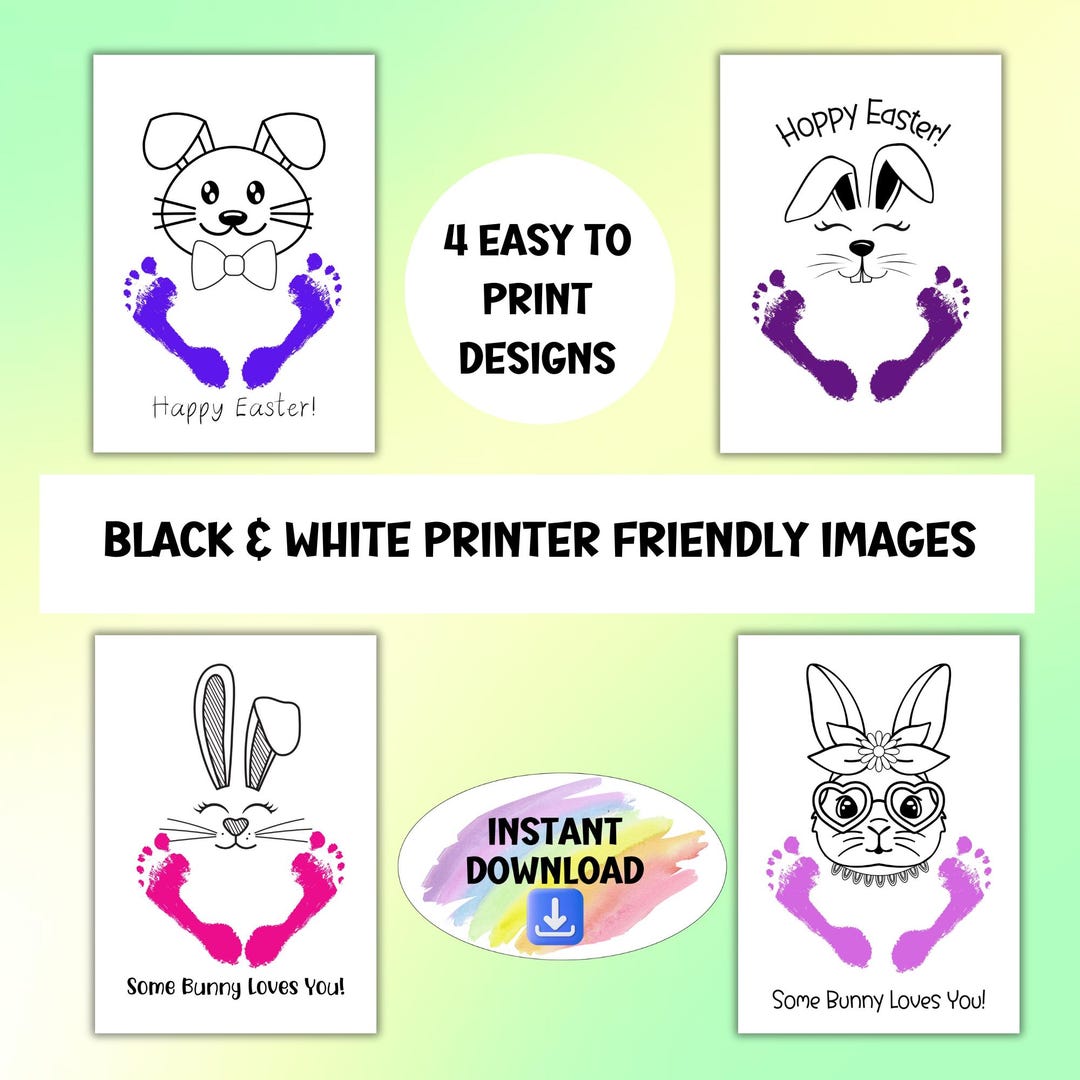 Easter Bunny Footprint Art Bundle, Black & White Printer Friendly ...