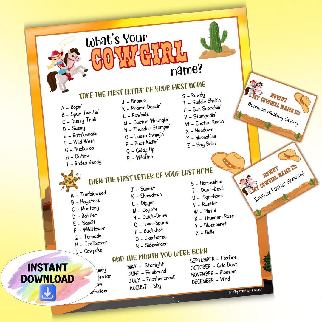 Whats Your Cowgirl Name Party Game for Kids, Wild West Name Generator ...