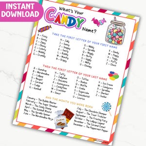 What's Your Candy Name Game for Kids, Birthday Party Label Generator ...